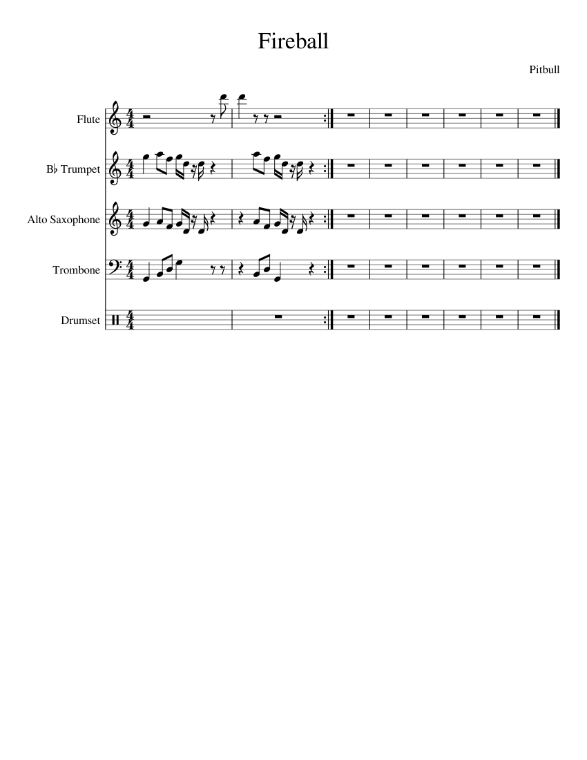 Fireball - Pitbull Sheet music for Trombone, Flute, Saxophone alto ...