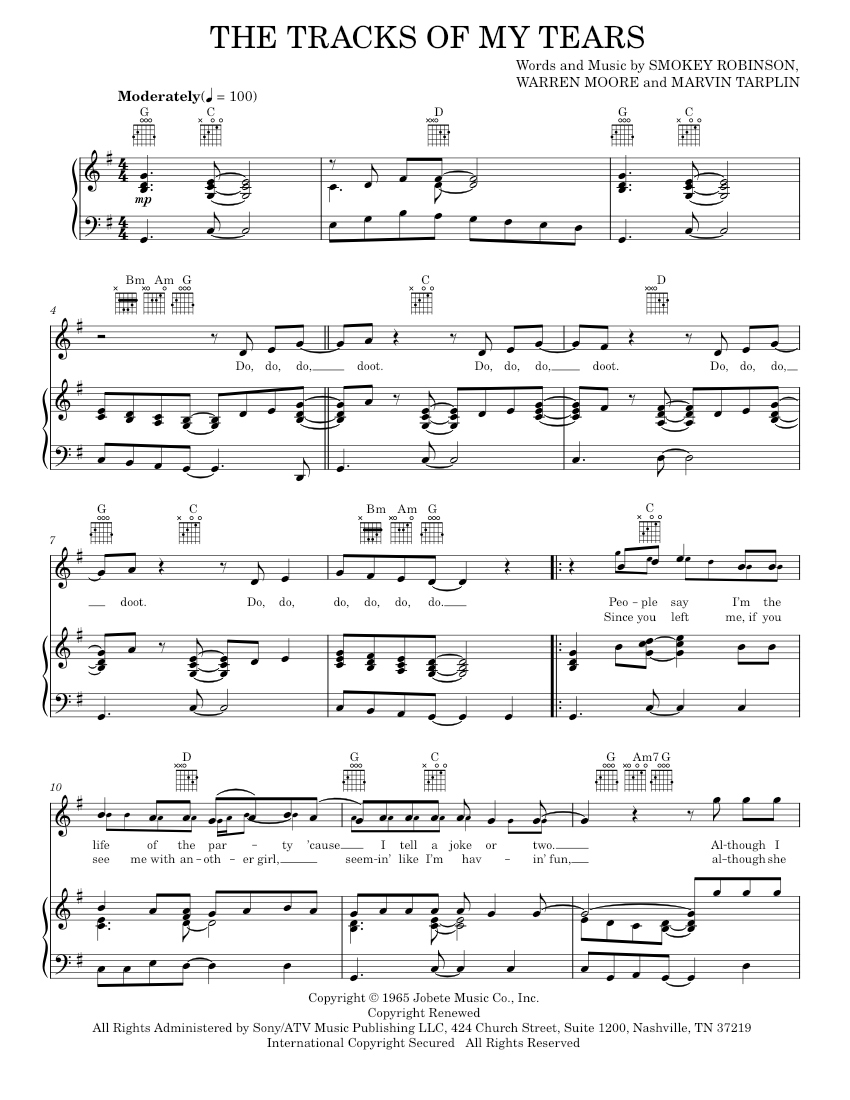 The Tracks Of My Tears Sheet music for Piano, Vocals by Linda Ronstadt ...