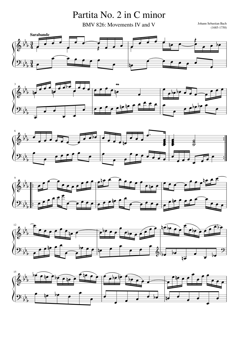 Bach JS - Partita No 2 in C minor BMV 826 Movements IV and V Sheet ...