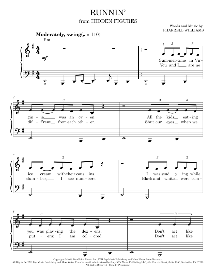Play Official version of Runnin sheet music by Pharrell Williams for ...
