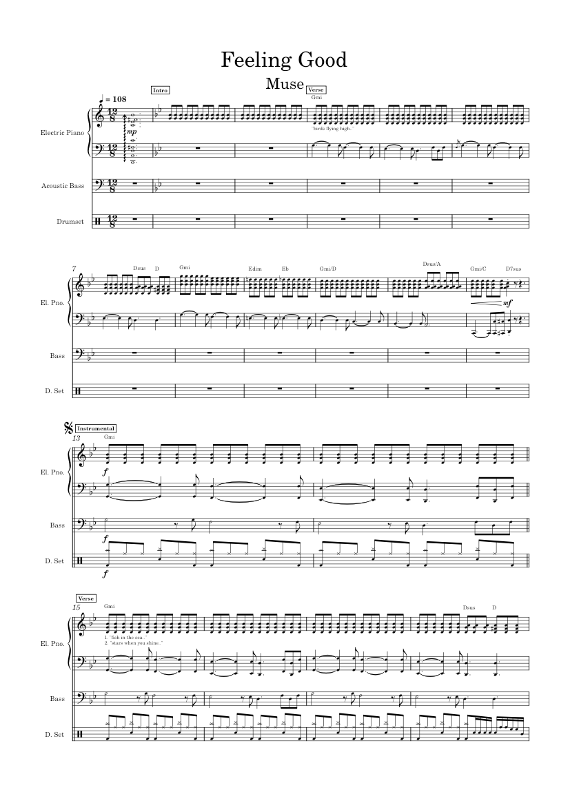 Feeling good – Muse Sheet Music for Piano, Bass guitar, Drum group ...