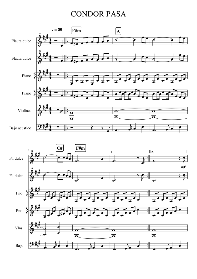 CONDOR PASA Sheet Music with Chords for Piano, Bass guitar, Strings ...