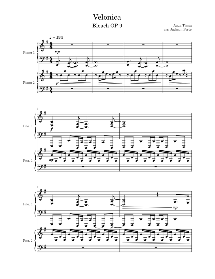 Velonica (Bleach OP 9) – Aqua Timez Sheet music for Piano (Piano Duo ...