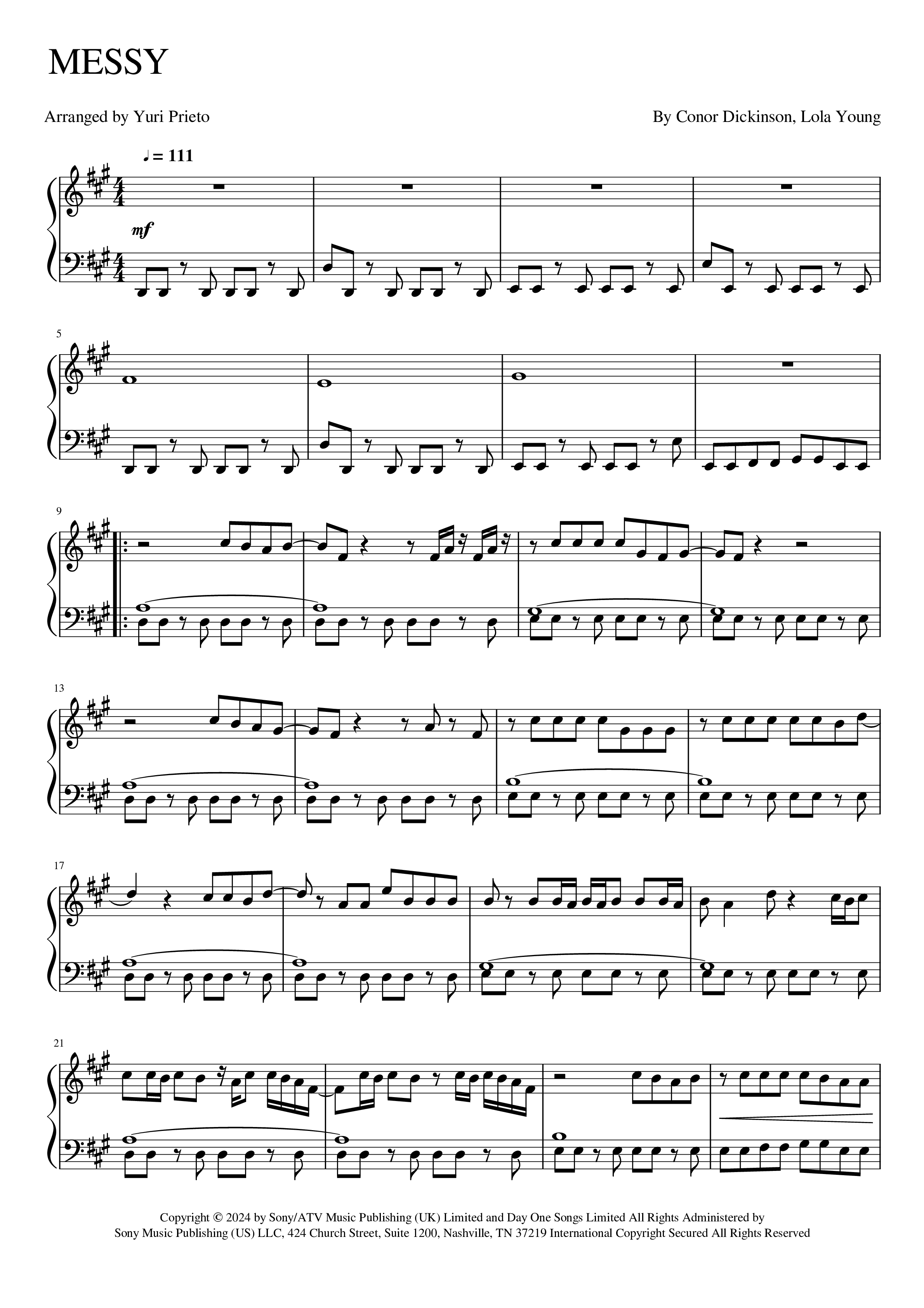 Play Official version of Messy Sheet Music by Lola Young for Piano ...