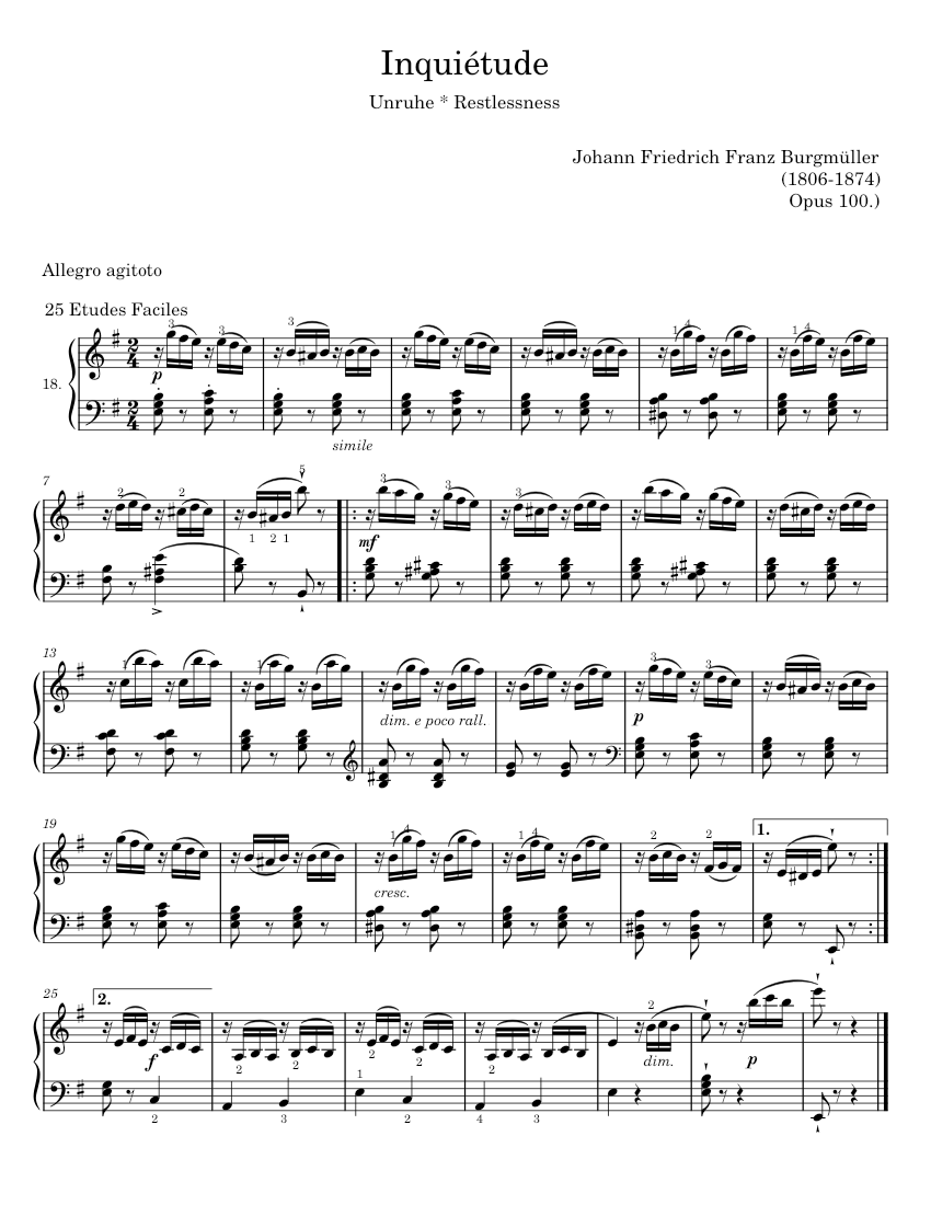 Inquiétude - Johann Friedrich Franz Burgmüller Sheet Music for Piano ...