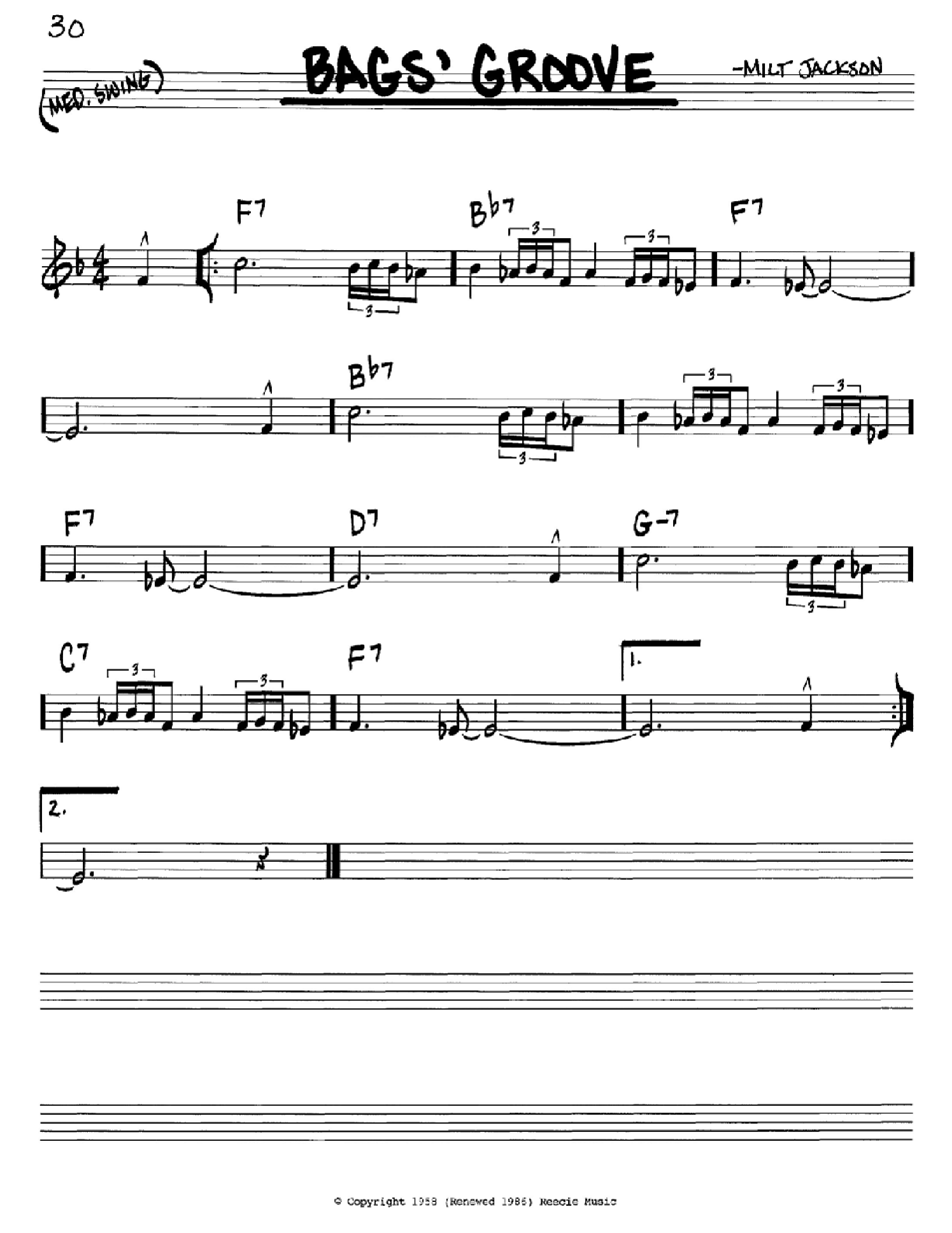 Play Official version of Bags groove Sheet Music by Milt Jackson for ...