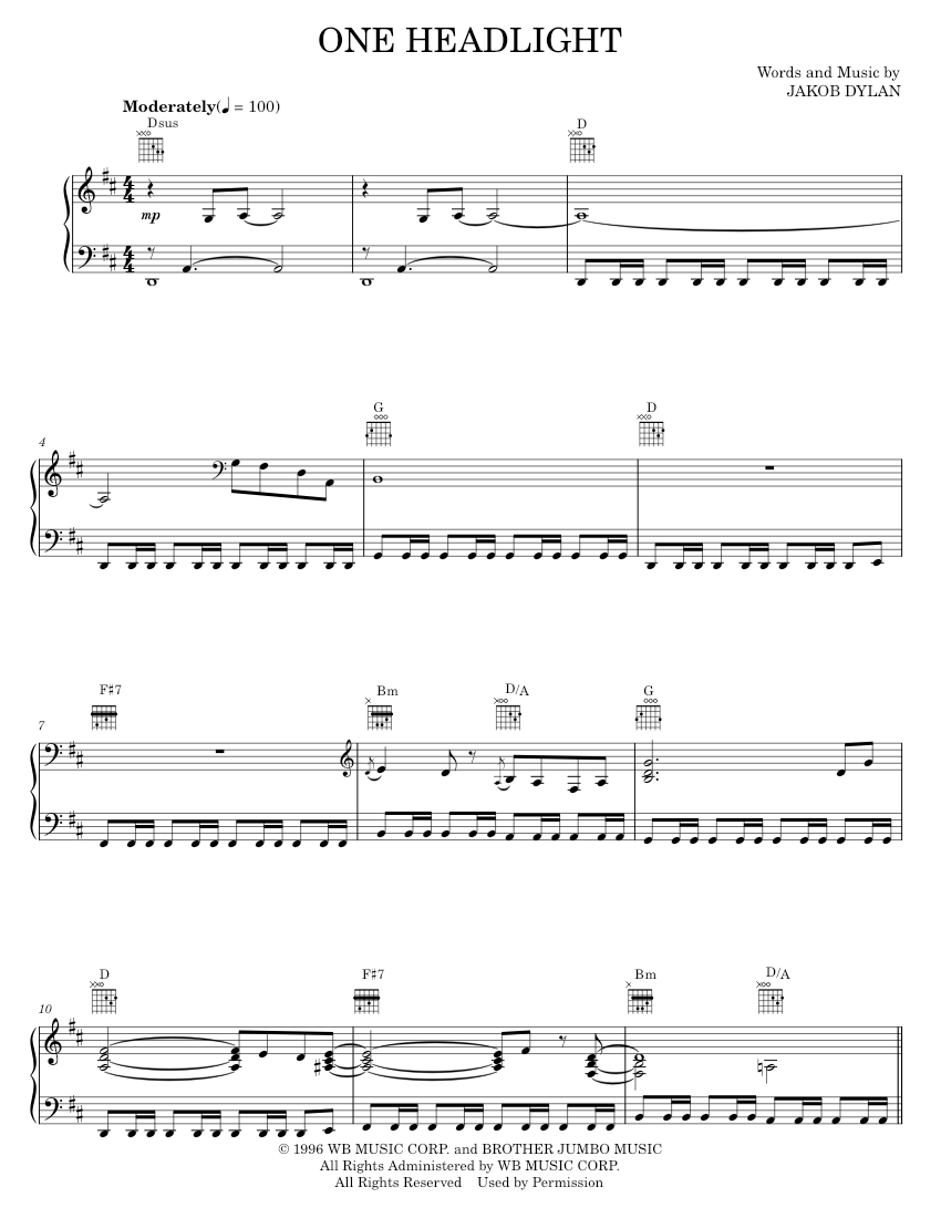 Play Official version of One headlight Sheet Music by The Wallflowers ...