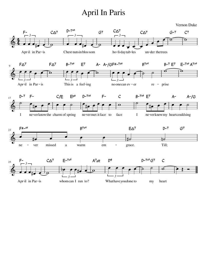 April In Paris Sheet Music with Chords for Piano (Solo) Easy ...
