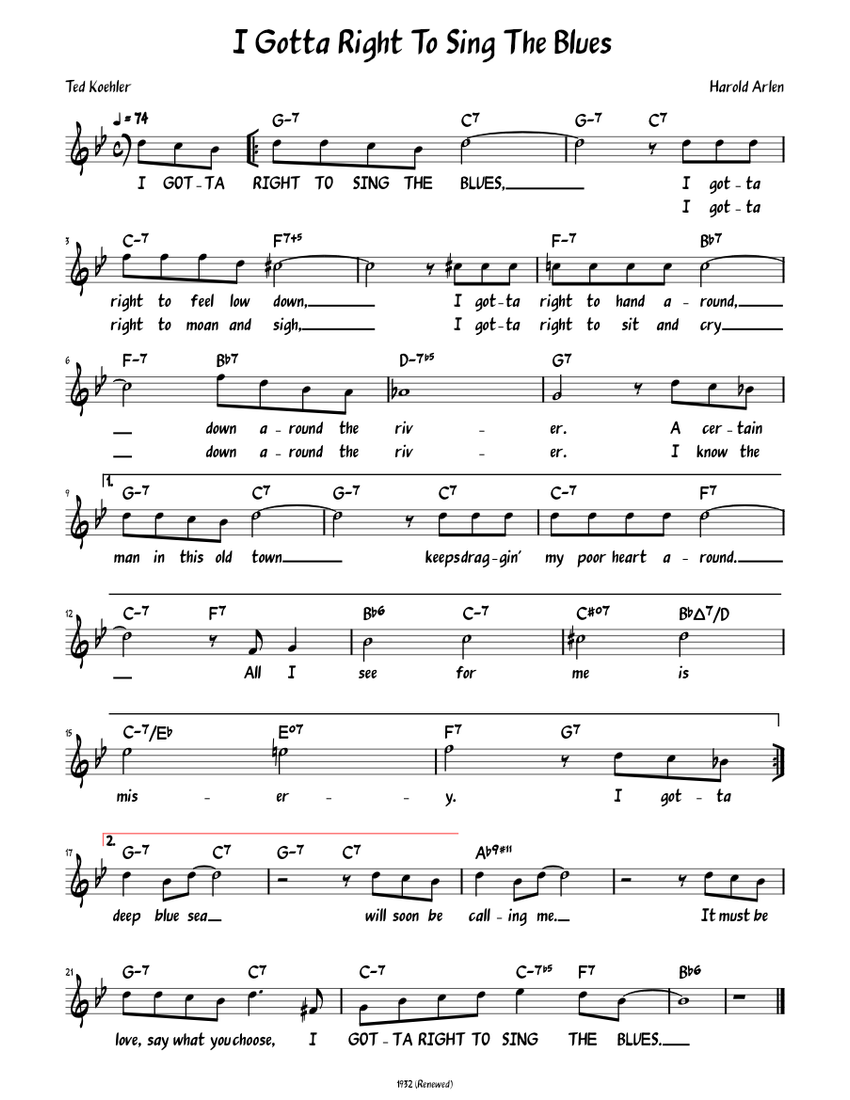 I Gotta Right To Sing The Blues (Lead sheet with lyrics ) - piano tutorial