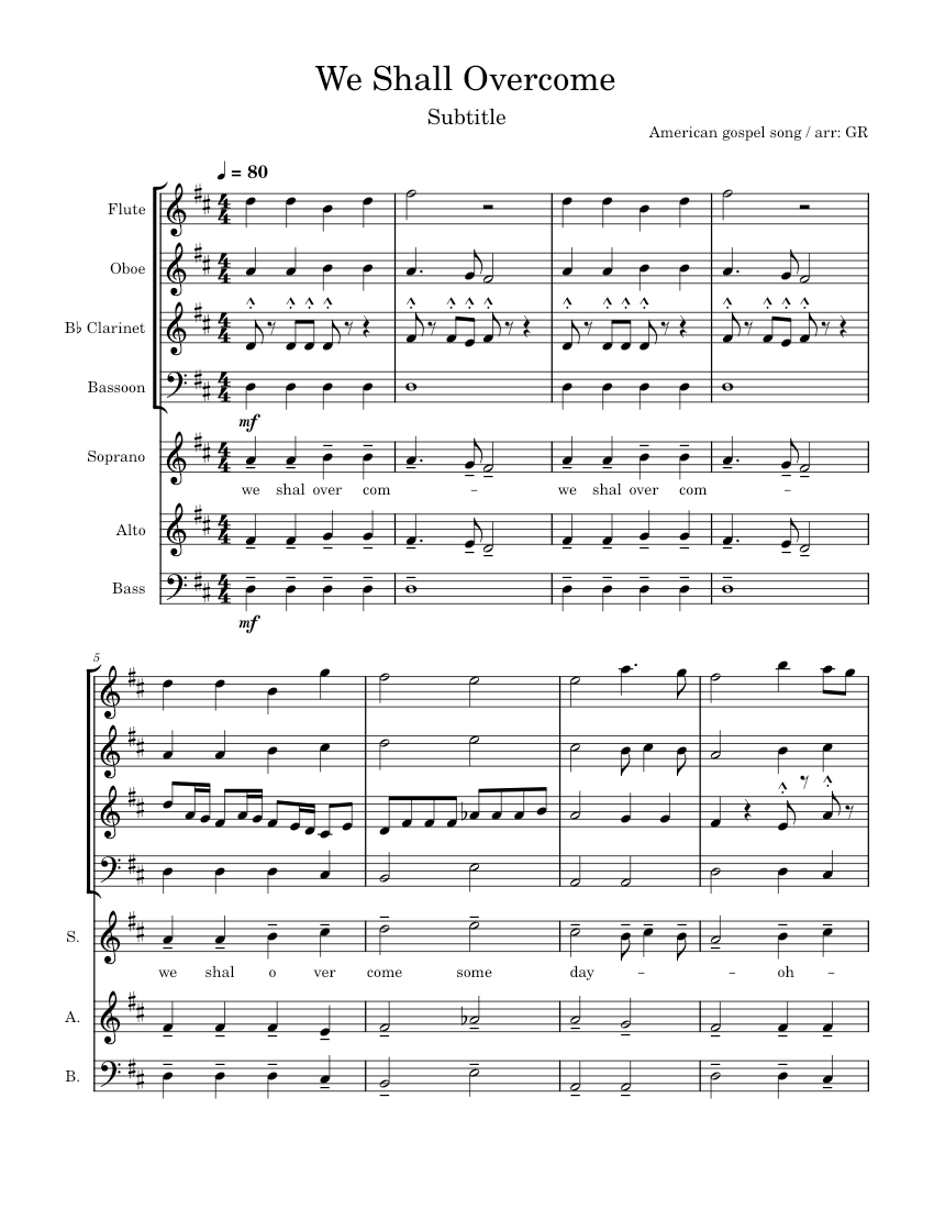 We Shal Overcome Sheet music for Flute, Oboe, Bassoon, Bass guitar ...