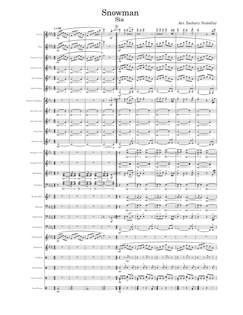 Snowman-Sia Sheet music for Trombone, Euphonium, Flute piccolo, Flute ...