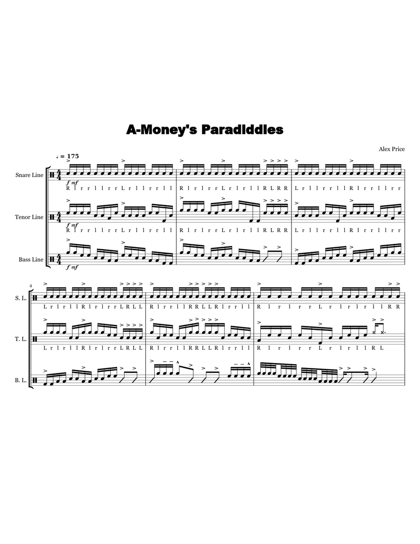 A-Money's_Paradiddles Sheet music for Snare drum, Tenor drum, Bass drum (Marching Band ...