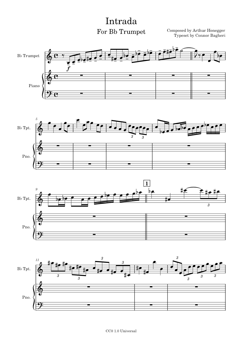 Intrada - Arthur Honegger (Unfinished) Sheet Music for Piano, Trumpet in b-flat (Solo ...