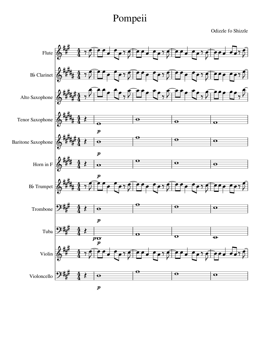 Pompeii Score Sheet music for Trombone, Tuba, Flute, Clarinet in b-flat ...