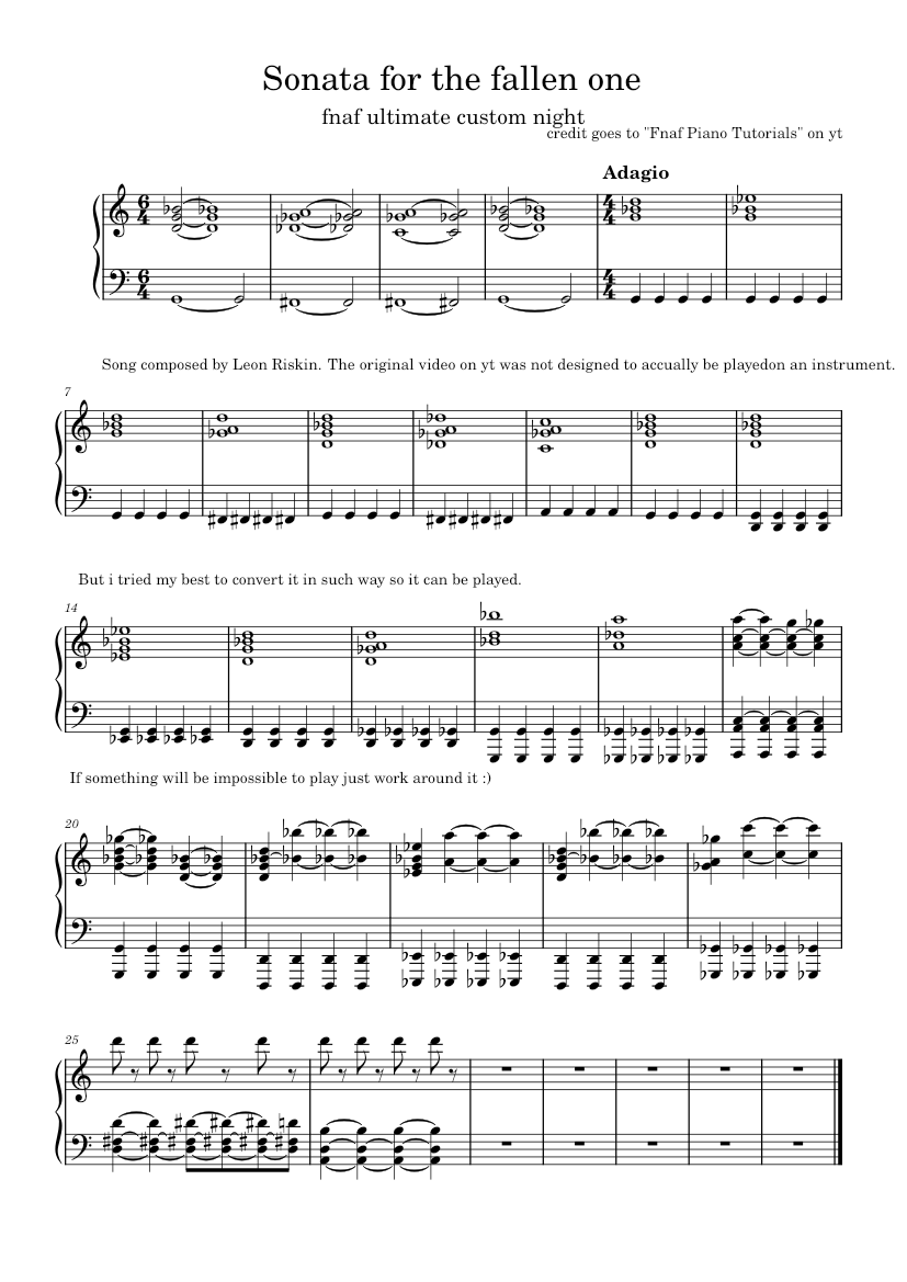 Sonata For the Fallen One (FNaF UCN) Sheet Music for Piano (Solo) Easy ...