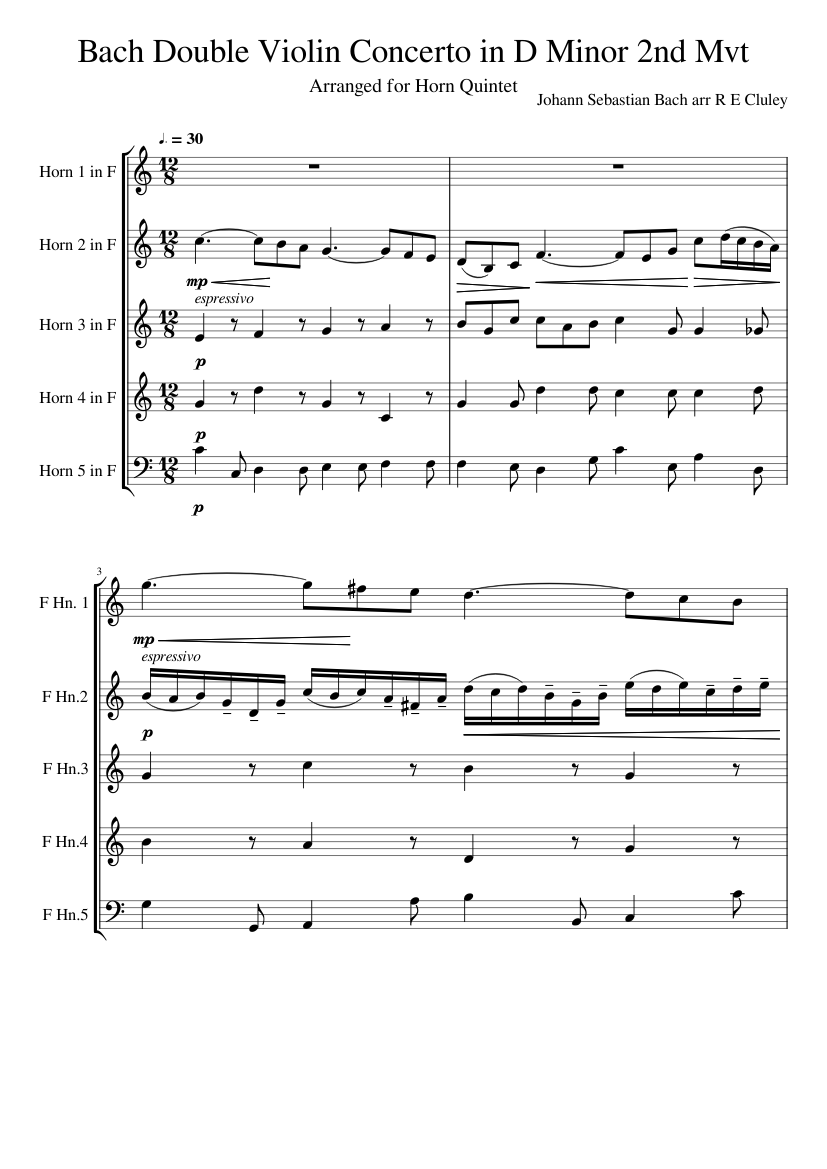 Bach Double Violin Concerto in D Minor 2nd Mvt for Horn Quintet Sheet music for French horn ...