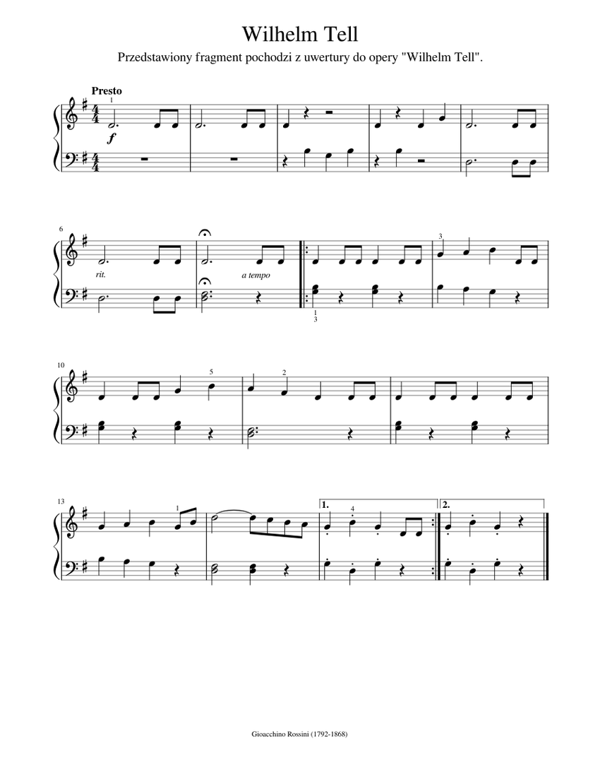 Wilhelm Tell – Gioacchino Rossini Sheet music for Piano (Solo) Easy ...