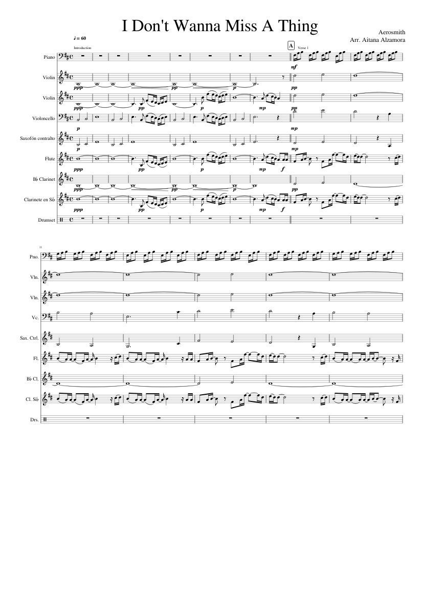 I Dont Wanna Miss A Thing Sheet Music for Piano, Flute, Clarinet in b ...