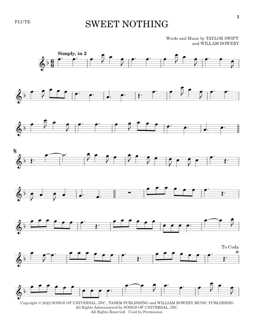 Sweet Nothing Sheet music for Flute by Taylor Swift Official ...