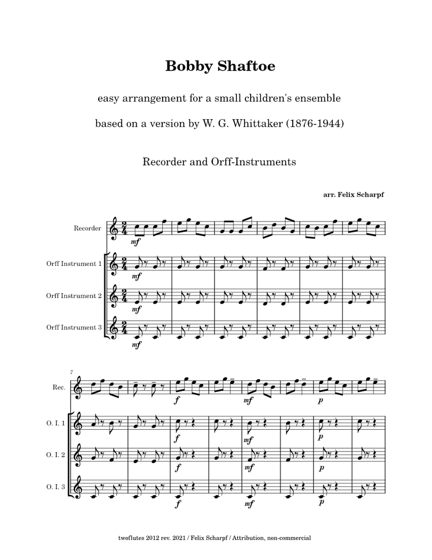 Bobby Shaftoe - easy arr. for small children's ensemble (Recorder, Orff ...