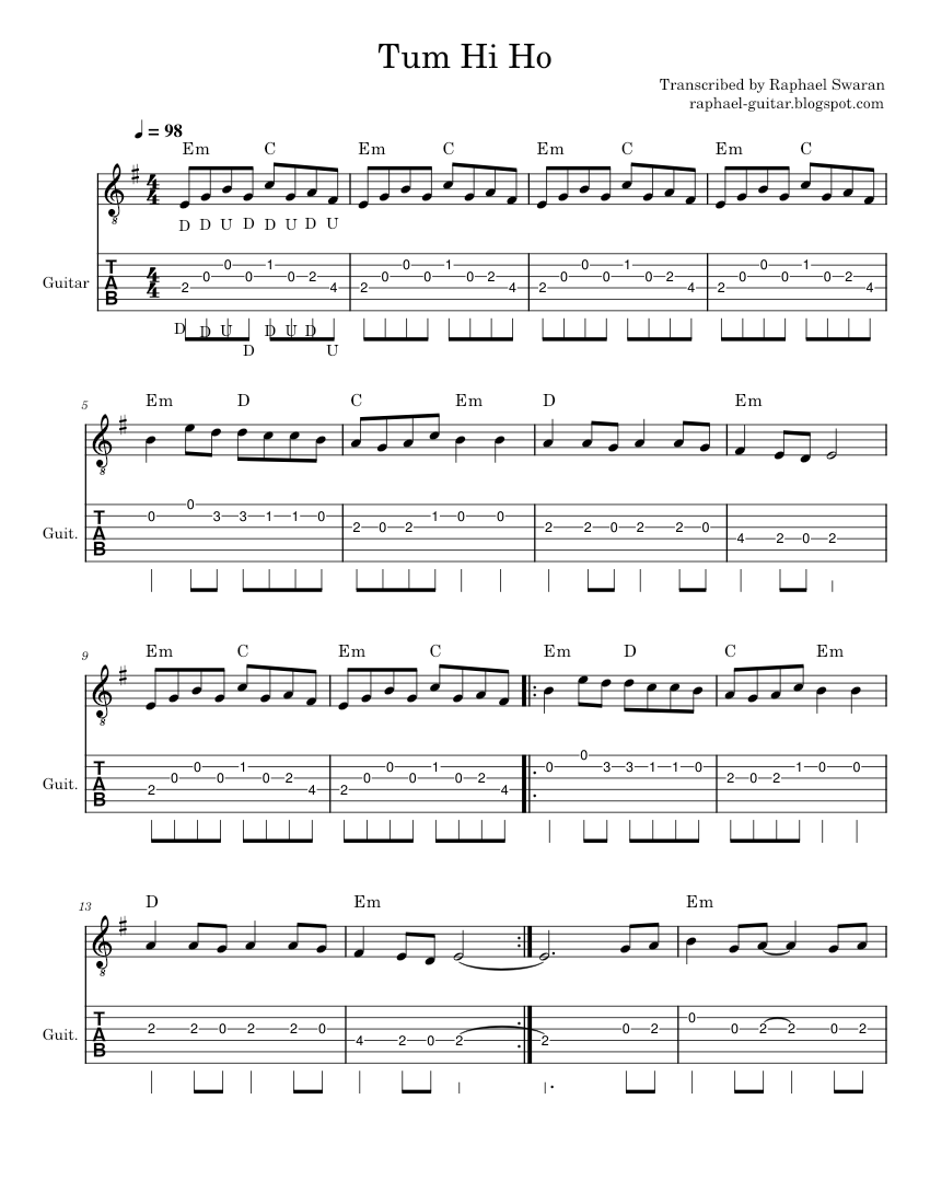 Tum hi ho – Arijit Singh Sheet Music and Tab with Chords for Guitar ...