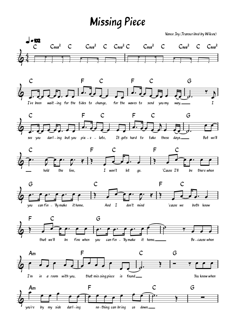 Missing Piece – Vance Joy LEAD SHEET Sheet Music with Chords for Piano ...