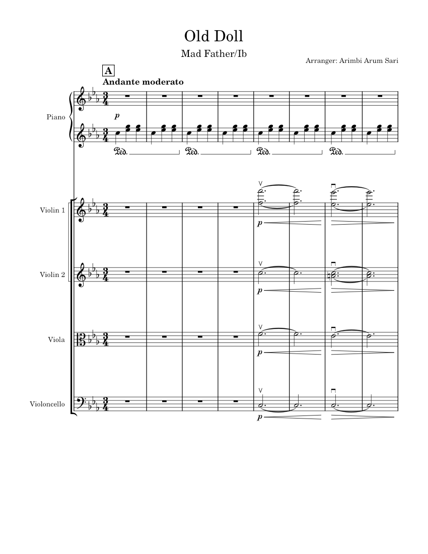 Old Doll Sheet Music for Piano, Violin, Viola, Cello (Piano Quintet ...