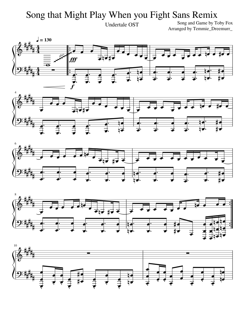 Song that Might Play when you Fight Sans Remix Sheet music for Piano ...