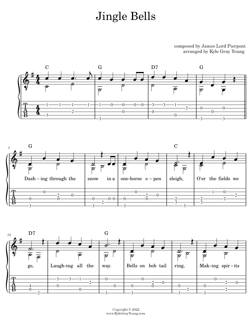 Jingle Bells – James Lord Pierpont (easy fingerpicking guitar tabs) Sheet music for Guitar (Solo ...