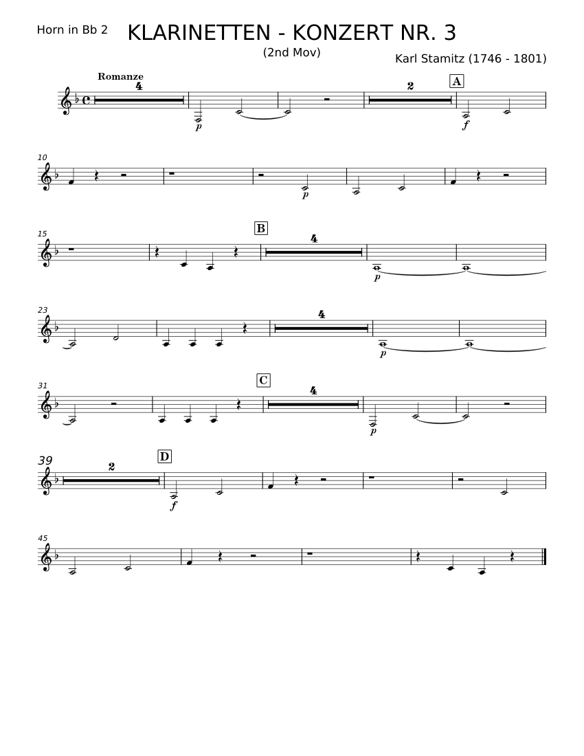 Clarinet Concerto No.3 in B-flat major - Carl Philipp Stamitz Sheet Music for Natural horn (Solo ...