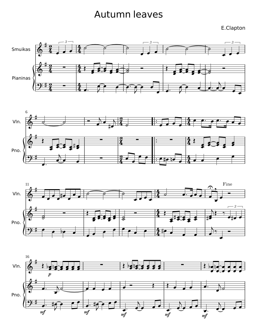 Autumn leaves Sheet music for Piano, Violin (Solo) | Musescore.com