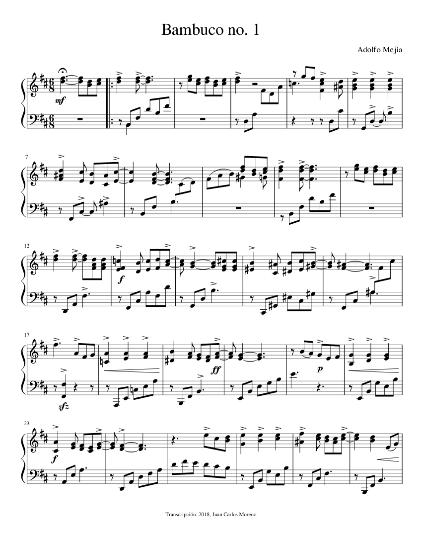 Bambuco no. 1 en Si menor – Adolfo Mejía Navarro Sheet Music for Piano ...