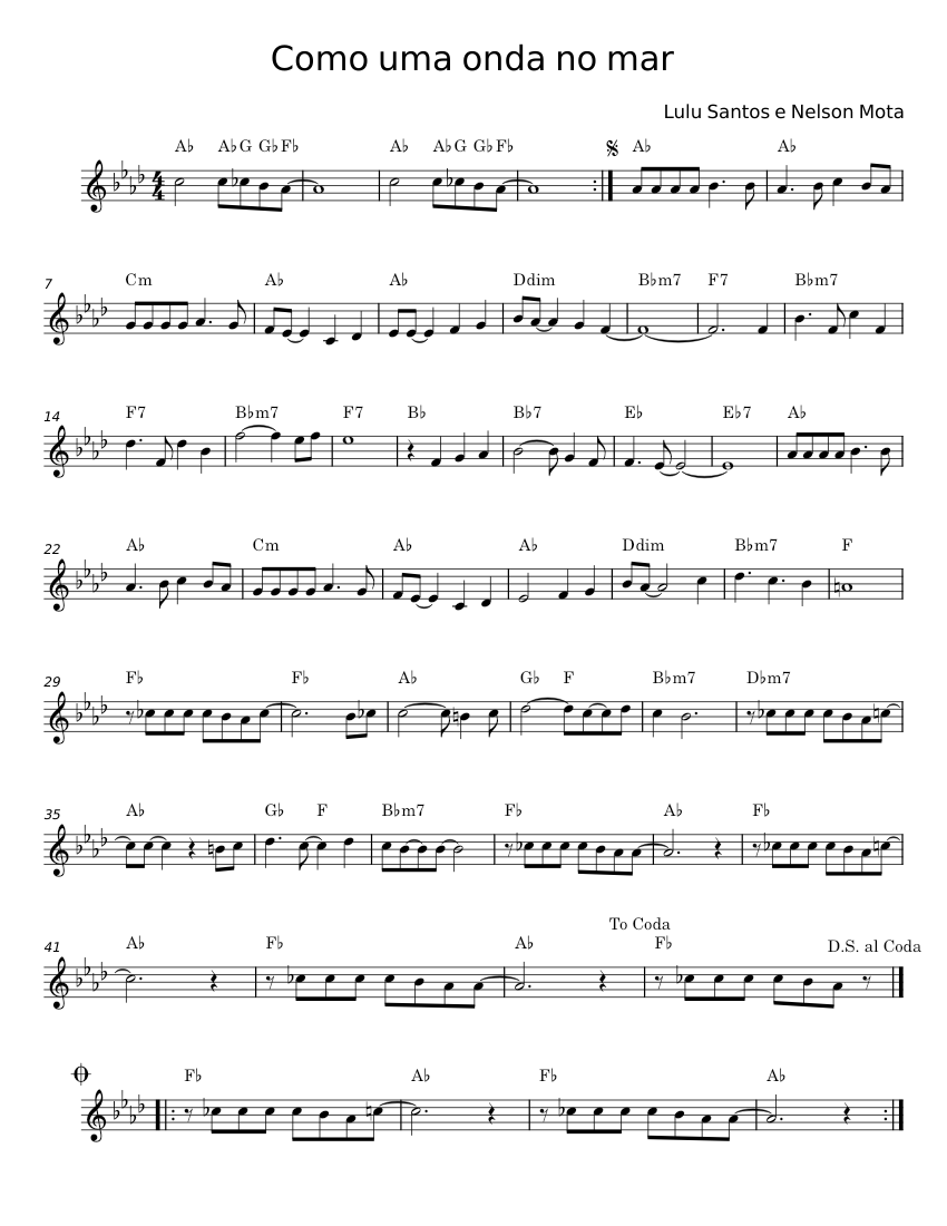Como uma onda no mar - Lulu Santos Sheet Music with Chords for Guitar ...