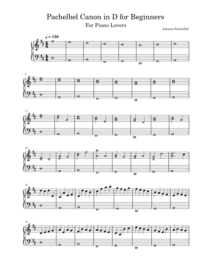 Pachelbel Canon in D for Beginners (Easy Piano Solo) Sheet music for ...