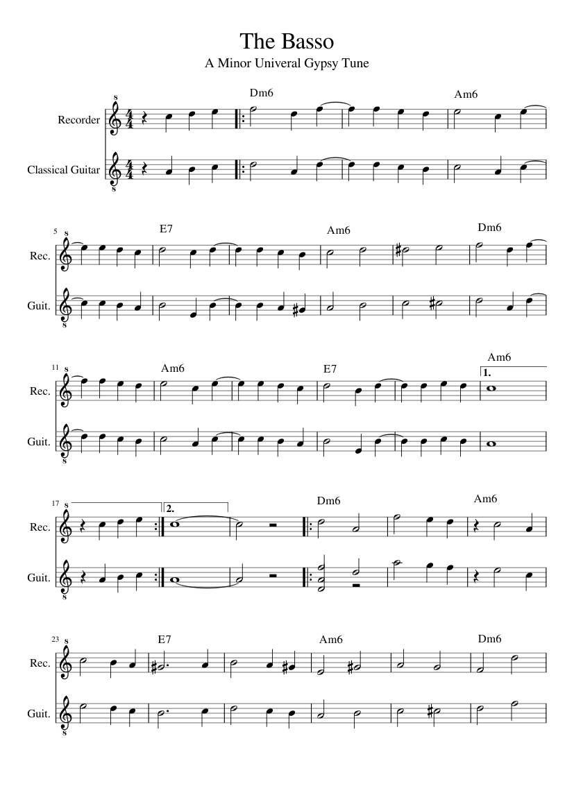 The Basso Sheet music for Guitar, Recorder (Mixed Duet) | Musescore.com