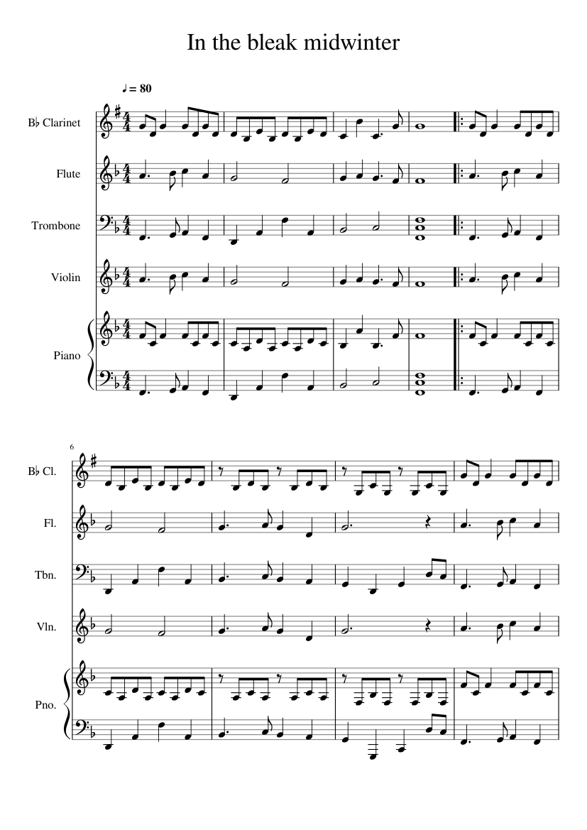 In the bleak midwinter Sheet music for Piano, Trombone, Flute, Clarinet ...