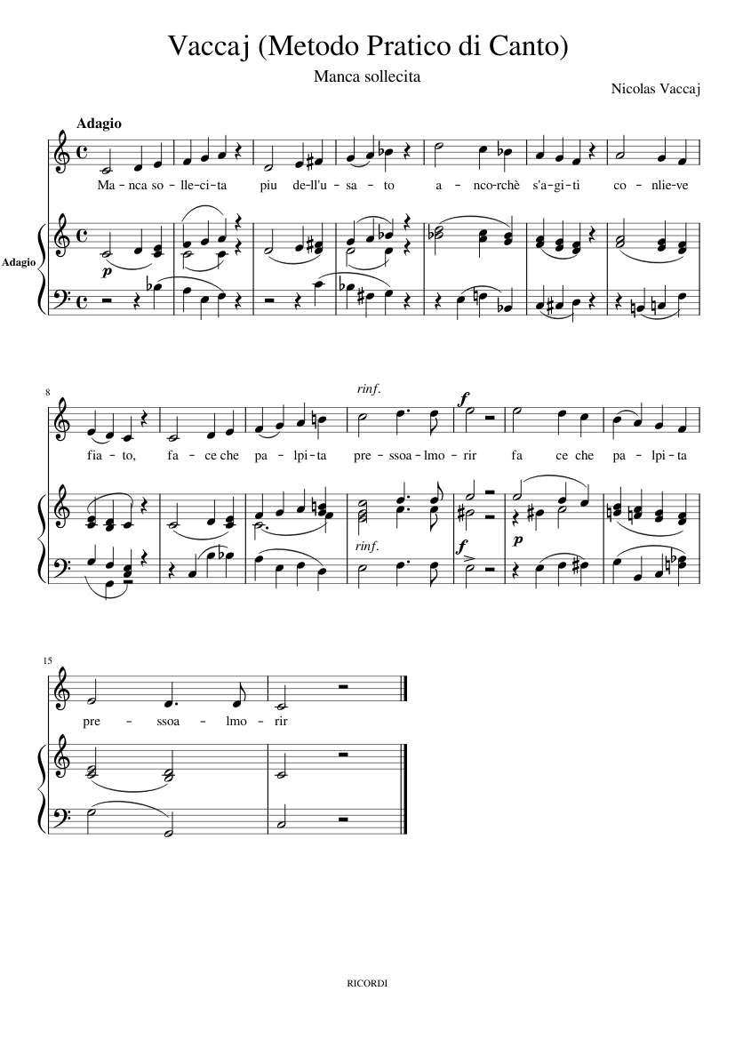Vaccaj Metodo Pratico di Canto (Manca sollecita) Sheet Music for Piano ...