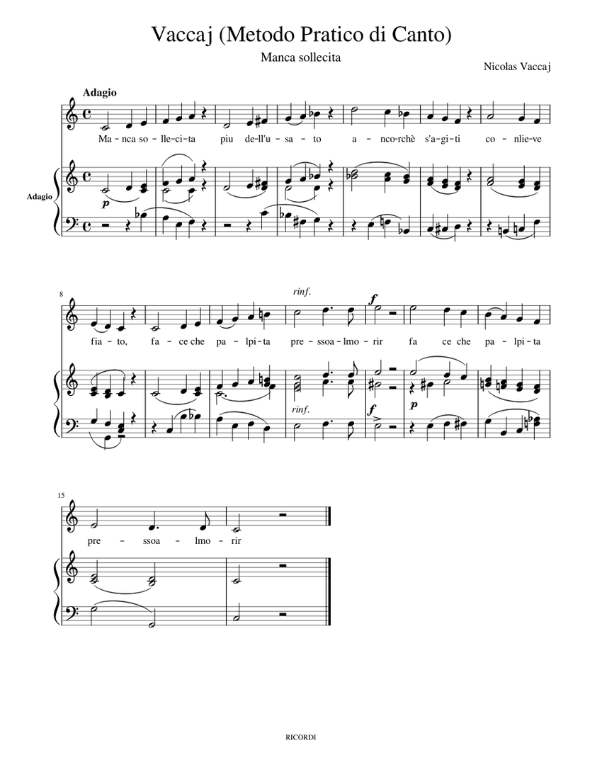 Vaccaj Metodo Pratico di Canto (Manca sollecita) Sheet music for Piano ...