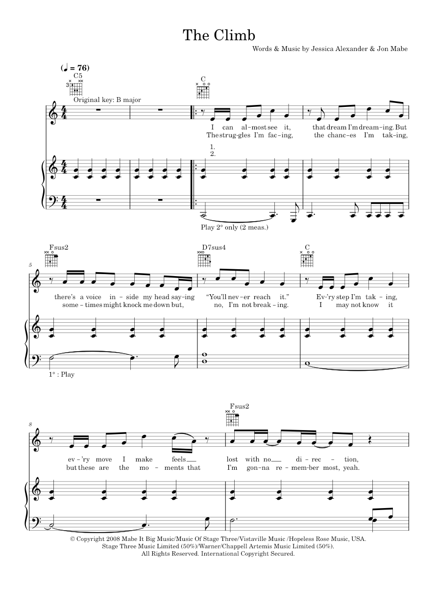 Play Official version of The climb sheet music by Miley Cyrus for Piano ...