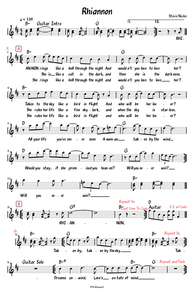 Rhiannon (Lead sheet with lyrics ) Sheet Music for Flute (Solo ...