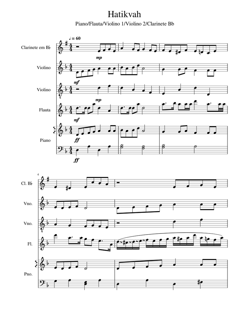 Hatikvah Sheet music for Piano, Flute, Clarinet in b-flat, Violin ...