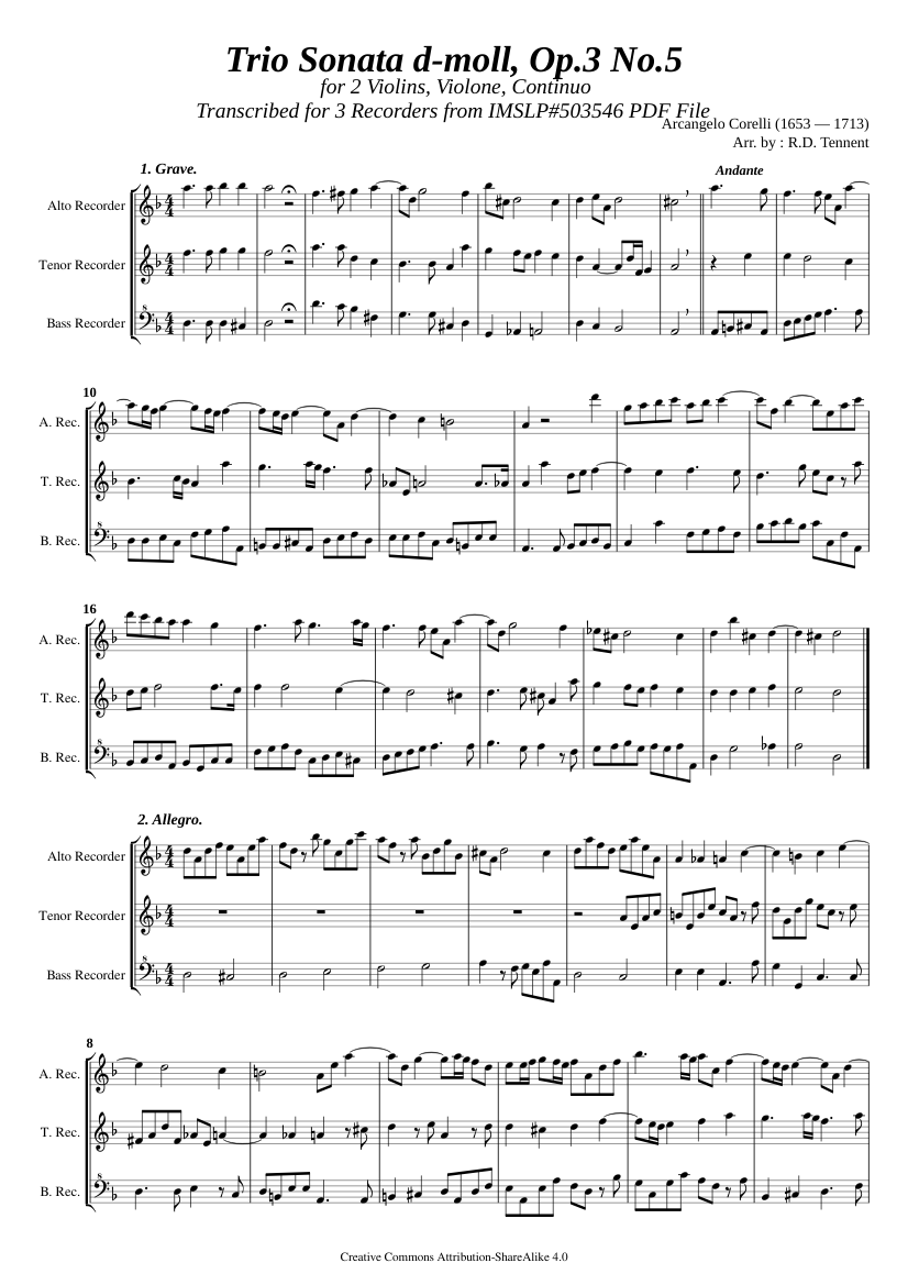 Corelli, A. _ Trio Sonata d-moll, Op.3 No.5 [3 Recorders] Sheet music for Recorder (Woodwind ...