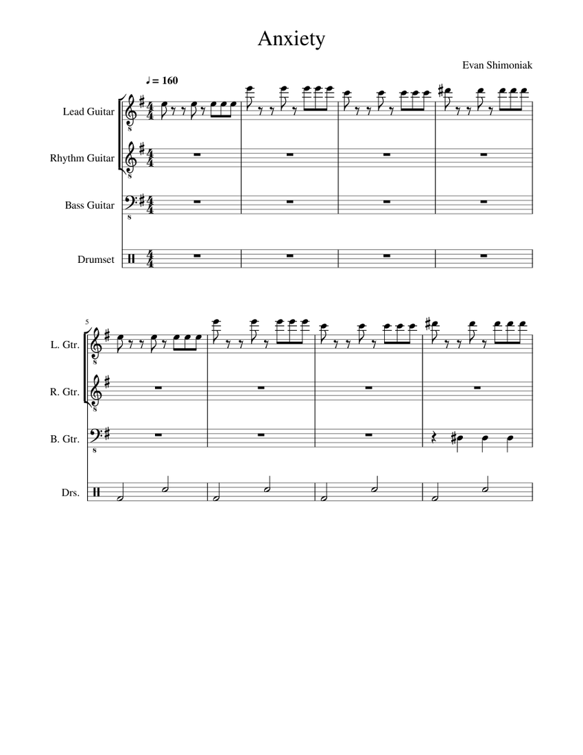 Anxiety Sheet music for Guitar, Bass guitar, Drum group (Mixed Quartet ...