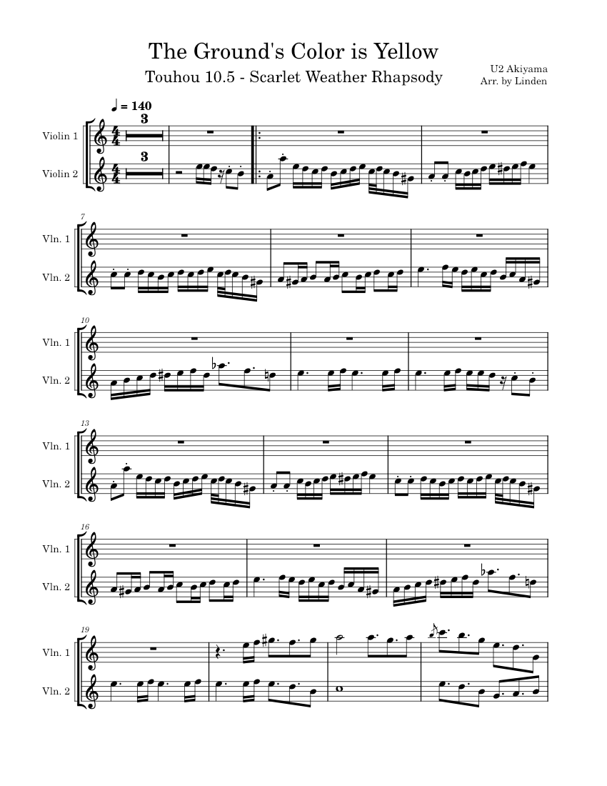 Touhou 10.5 SWR - The Ground's Color is Yellow (Violin Duet) Sheet ...