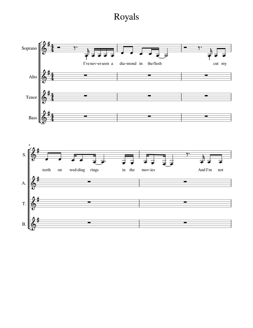 Royals siste versjon Sheet music for Soprano, Alto, Tenor, Bass voice ...