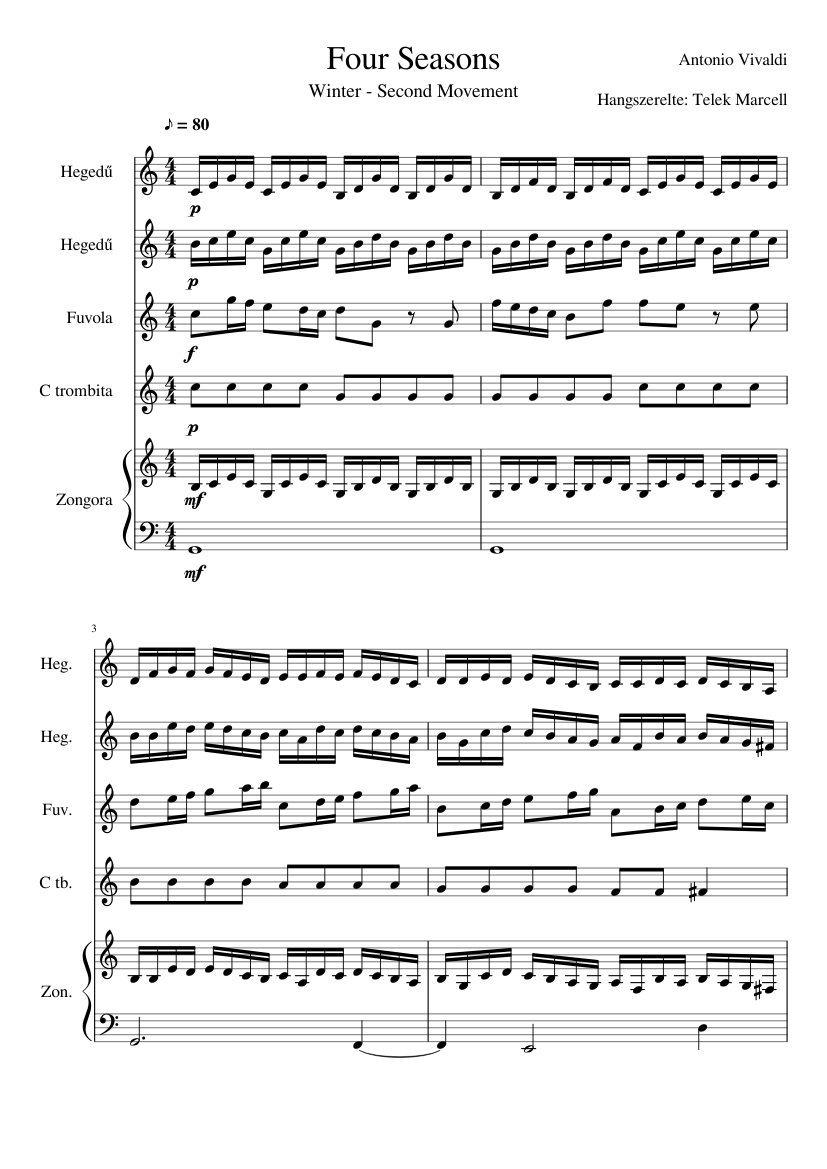 Antonio Vivaldi - Four Seasons - Winter - Second Movement Sheet Music ...