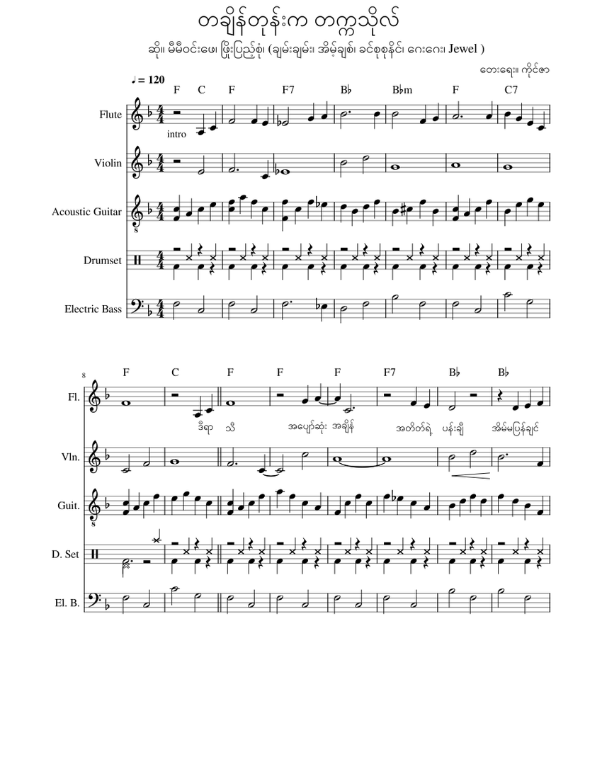 တချိန်တုန်းက တက္ကသိုလ် Myanmar Song Sheet music for Flute, Violin ...