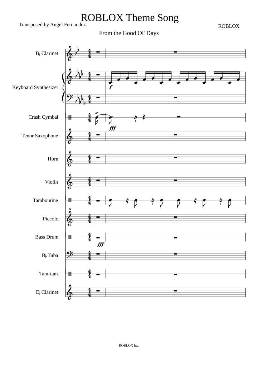 ROBLOX Theme Song Sheet Music for Tambourine, Flute piccolo, Saxophone ...