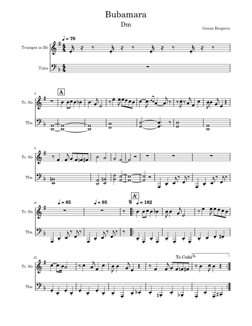 Bubamara – Goran Bregovic Sheet music for Tuba, Trumpet in b-flat (Brass Duet) | Musescore.com