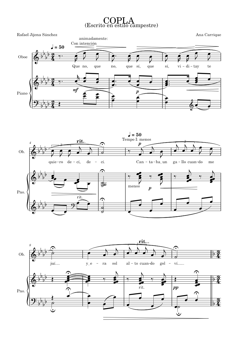 Carrique, Ana - Copla - Fam Sheet Music for Piano, Oboe (Piano-Voice ...